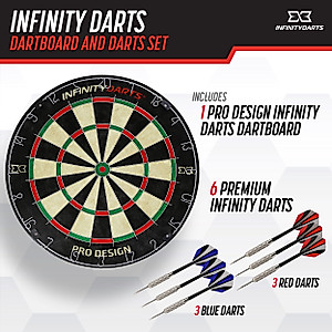 Infinity Darts Bristle Dartboard Set - Includes 6 Metal Tip Darts Set, Self-Healing Sisal Fiber Dart Board, Rotating Steel Wire Scoring Ring, Staple Free Bullseye, for Home Game Room or Bar Darts