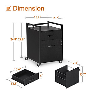 ODK File Cabinet with 2 Drawers, Mobile Office Cabinet with Lock on Wheels, Rolling Office Printer Stand Filing Cabinet for A4, Letter Sized Document with Iron Hook, Black