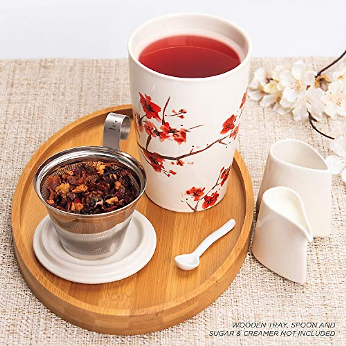 Tea Forte Kati Cup Cherry Blossoms, Ceramic Tea Infuser Cup with Infuser Basket and Lid for Steeping Loose Leaf Tea