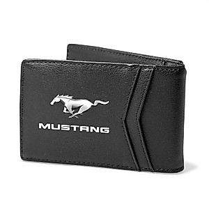 iPick Image, Compatible with - Ford Mustang Black PU Leather Slim RFID Resistant Bi-fold Men Wallet