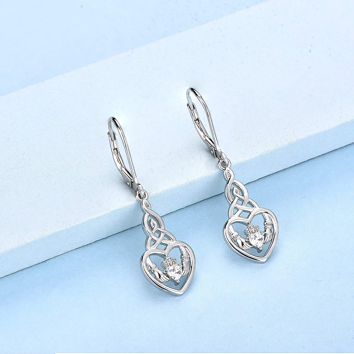 JO WISDOM Women Earrings,925 Sterling Silver Irish Celtic Claddagh Love Heart Drop & Dangle Leverback Earrings with 5A Cubic Zirconia April Birthstone