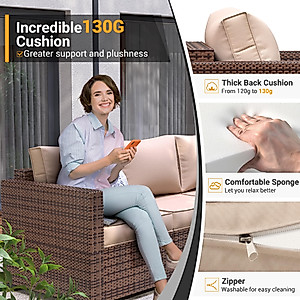 UDPATIO 3-Seat Patio Wicker Sofa, Outdoor Rattan Sectional Couch Furniture Steel Frame w/Furniture Cover Non-Slip Cushion and Deep Seating High Back, Khaki