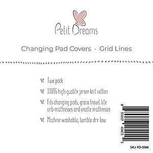 Petit Dreams Changing Pad Cover Jersey Knit Cotton for Baby Boy Or Baby Girl Doubles As Cradle Sheet, Grey Dotted Stripes & Grey Grid Lines, (Pack of 2)