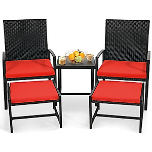 Murago 5 Pieces Wicker Patio Conversation Sets, Rattan Furniture Set with Coffee Table and 2 Ottomans, Ideal for Porch, Garden, Yard, Poolside, Black Rattan with Red Cushion