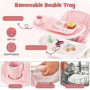 HONEY JOY High Chair with Wheels, Foldable Highchair for Babies and Toddlers, 6 Adjustable Heights, 3 Recline Backrest & Footrest, Double Tray, Quick Fold Portable Highchairs for Boys Girls(Pink)