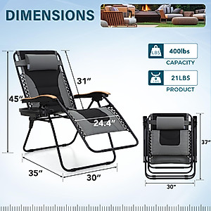 MFSTUDIO Zero Gravity Chairs, Oversized Patio Recliner Chair, Padded Folding Lawn Chair with Cup Holder Tray, Support 400lbs, Grey