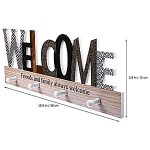 Wakauto Wooden Wall Hook Hanger with Welcome Signs for Coat Rack Caps Purses Hats Scarves Towels Umbrella Storage Organizer 50x18. 5cm