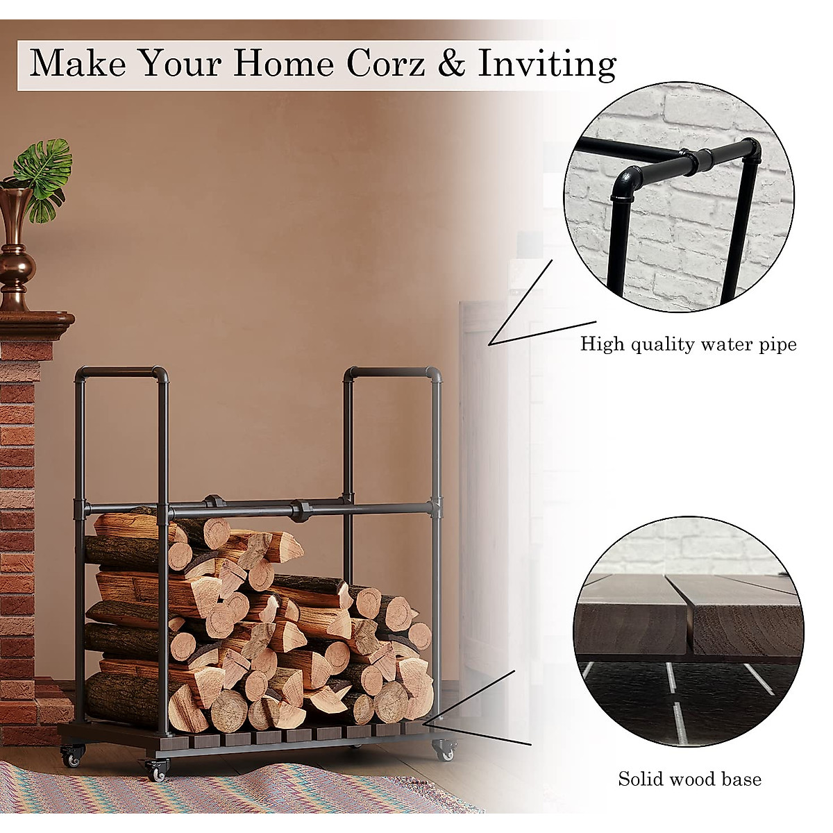 THRONKENGER Rustic Firewood Rack Industrial Style Firewood Holder with Lockable Wheels,Log storage with Solid Wood Base for Outdoor Indoor Fireplace (C)