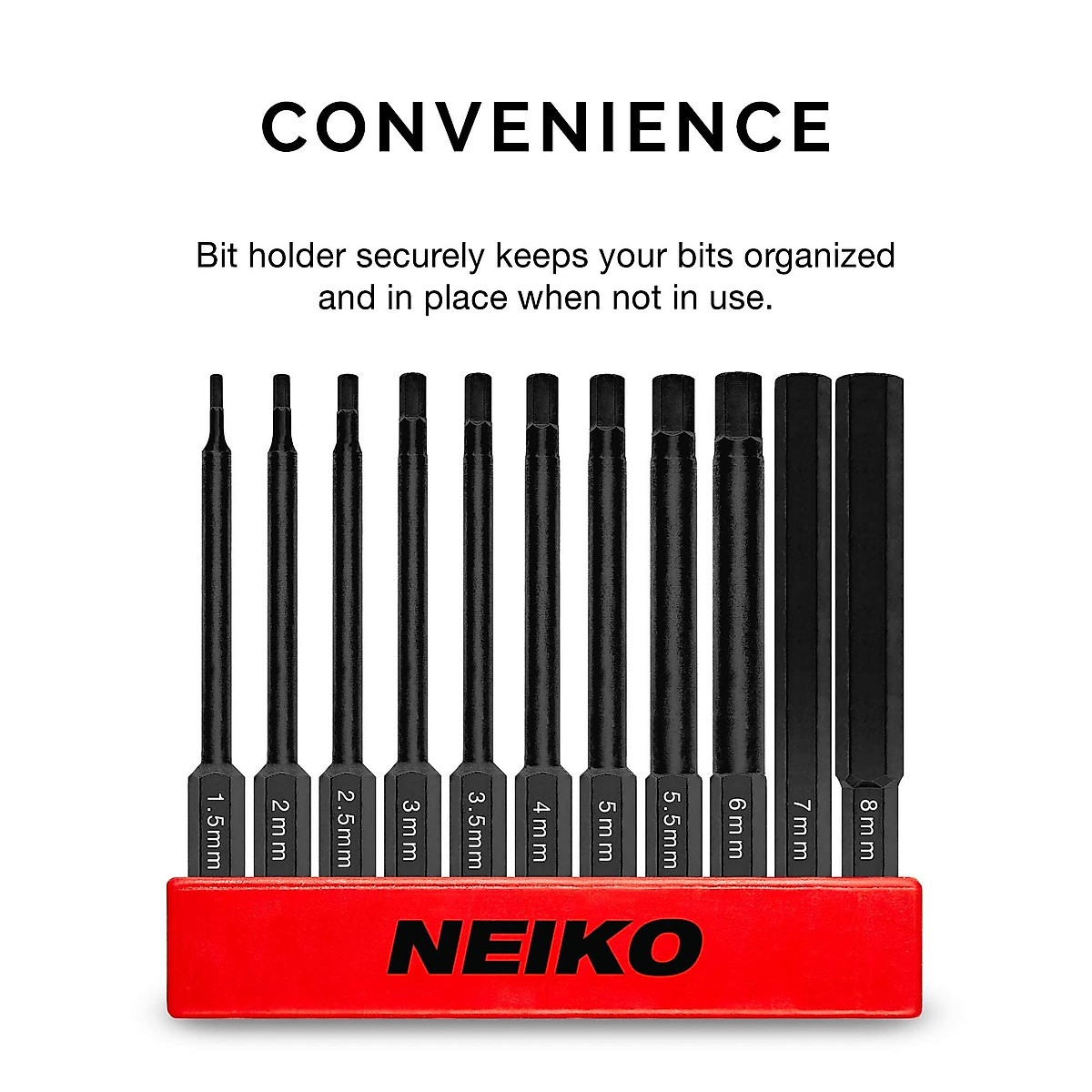 NEIKO 01148A Hex Allen Power Bit Set, 11-Piece Metric Sizes 1.5mm to 8mm | Magnetic Head Bits 3 Quick Release Shanks Premium S2 Steel Compatible with Drills and Impact Drivers