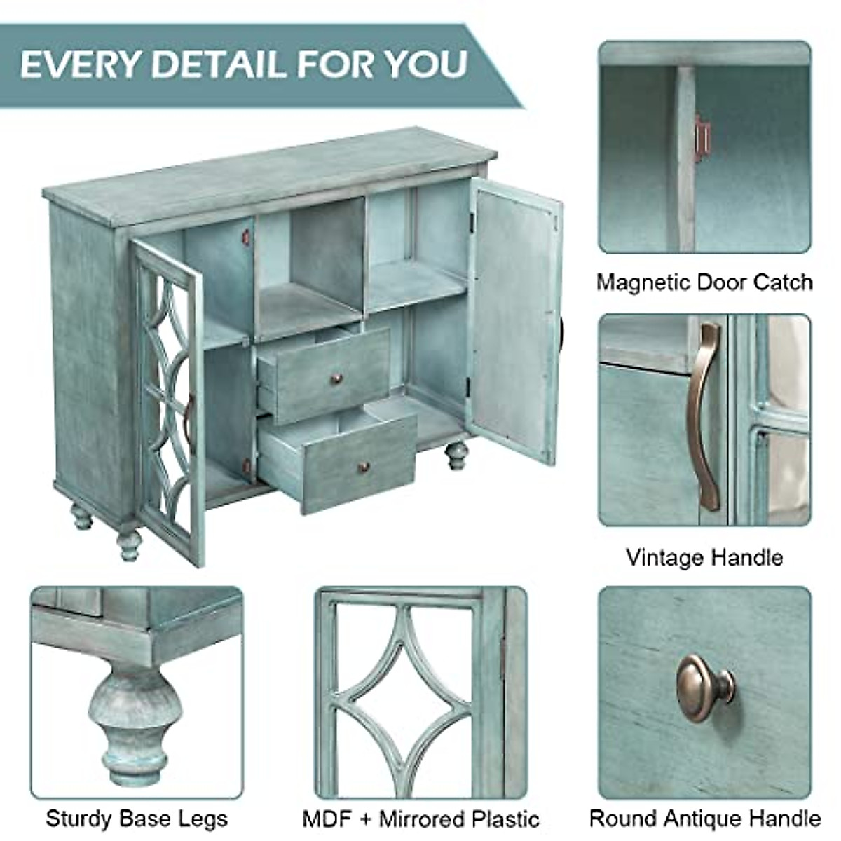 Buffet Cabinet with Storage, Storage Sideboard with 2 Glass Doors and 2 Drawer, Kitchen Console Table with Open Shelves and Storage Compartment, Accent Cabinet for Dining Room, Living Room, Bedroom