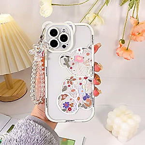 NITITOP Compatible for iPhone 13 Pro Max Case Clear Cute Flower Floral Bear for Girls Women Pattern with Bear Ears Soft TPU Shockproof Protective Girly Cover-Bear