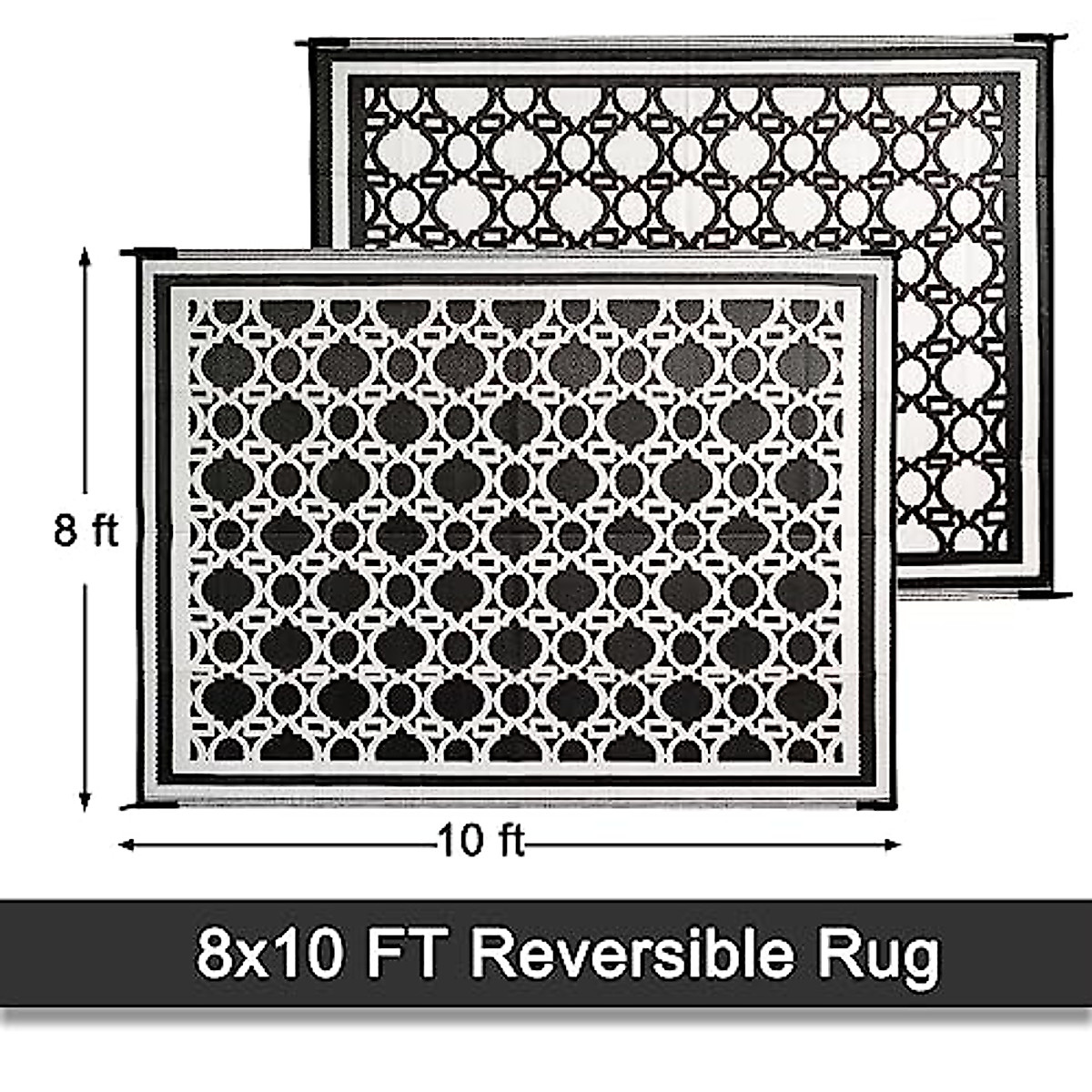 RURALITY Outdoor Rugs 8x10 for Patios Clearance,Plastic Waterproof Mats for Camping,Porch,RV, Large Straw Area Rugs for Picnic,Reversible,Black and White