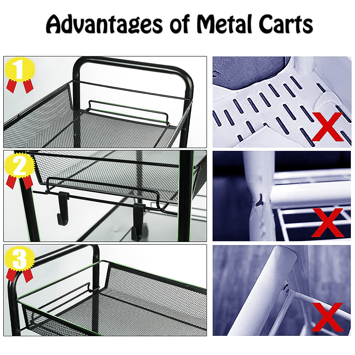 3 Tier All-Metal Rolling Cart, Trolley Craft Cart with Locking Wheels, Easy-Carry and Assembly Mesh Trolley Cart with 1 Small Baskets and 4 Hooks for Bathroom Kitchen Office Balcony Living Room