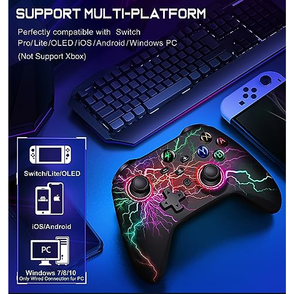 Wireless Switch Pro Controller for Nintendo Switch Controller/Lite/OLED, LED Wired Windows PC Gmaepad-Wireless iOS/Android Remote with Cool RGB Light/Programmable