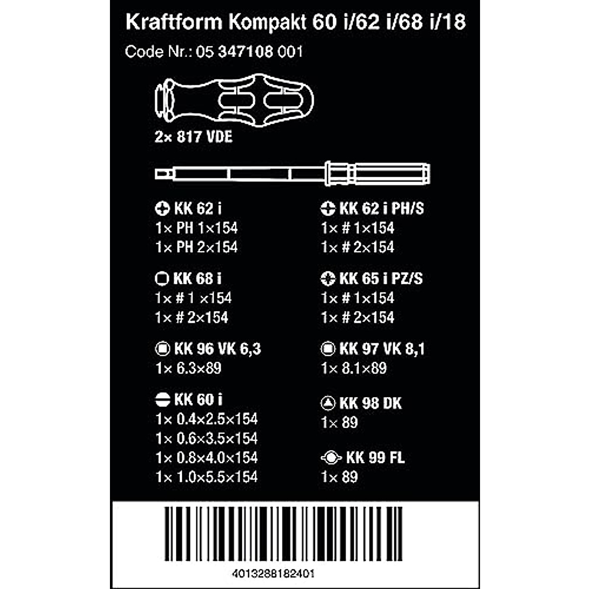 Wera - 5347108001 347108 Kraftform Kompakt VDE 60 i/62 i/68 i/18 Insulated Blade Set