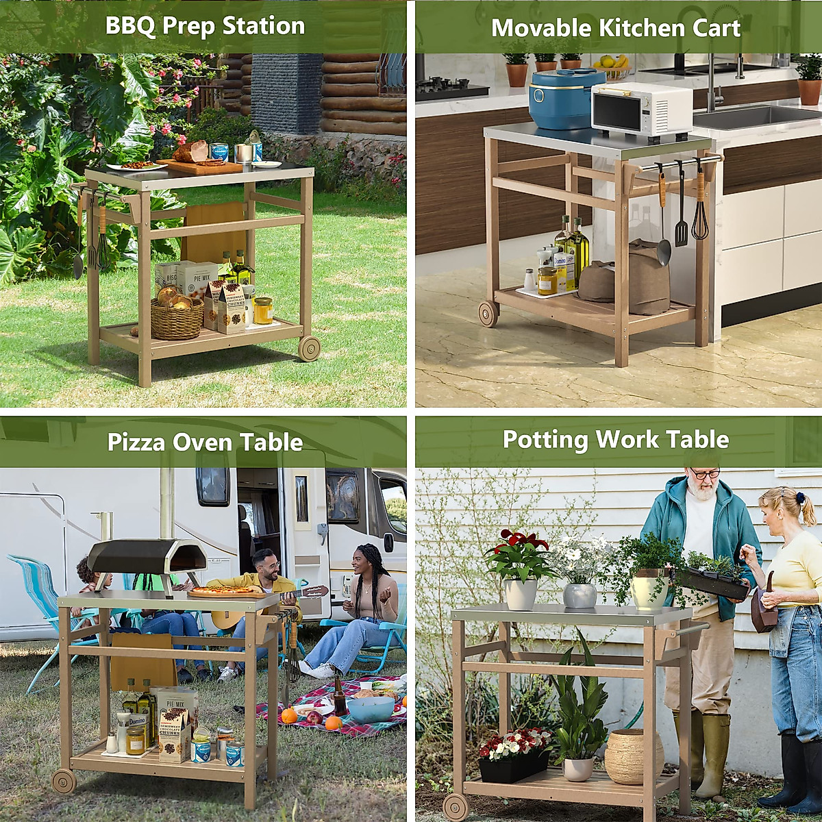 TORVA Outdoor Prep Grill Carts, 303 Stainless Steel Tabletop with High Load Capacity Portable BBQ Table, HDPE Durable Frame 2-Tier Storage Cart, Wood