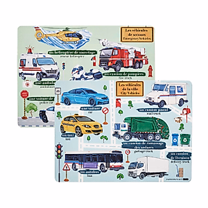 Passionfruit Kids French/English Bilingual Silicone Placemats | Colorful Educational Placemats for Toddlers | Non-Slip, Waterproof, Reusable Placemats for Kids | Vehicle Theme | 2 Pack