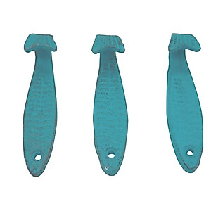 Light Blue Fish Tail Cast Iron Wall Hooks, Wall Mounted for Hanging Coats, Purses, Towels, Hats, Beach Themed Wall Décor, Set of 3, 5 Inches High