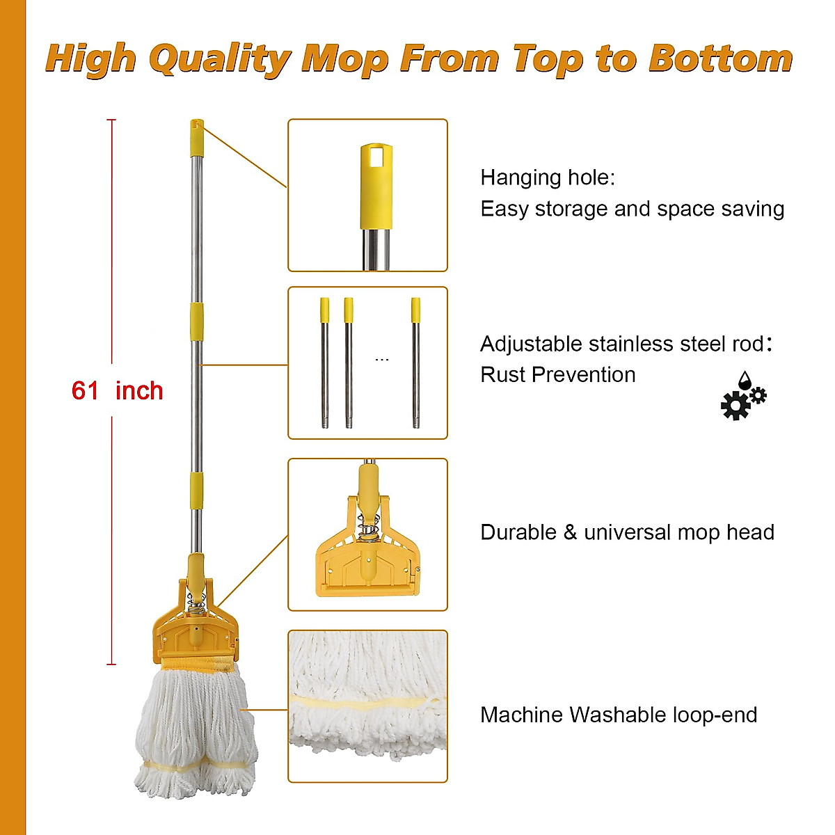 Commercial Mop Heavy Duty Industrial Cotton Mop, 61 inch Metal Commercial Mop Stick for Home, Garage,Office, Workshop, Warehouse Floor Cleaning, 1 Pack