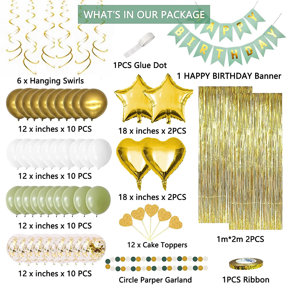 Sage Green Party Decorations, Gold and Olive Green Balloons Birthday Decor for Women Happy Birthday Party Balloons for Men Women Boys Girls Baby Shower Birthday Supplie for 16th 18th 21st 30th 40th