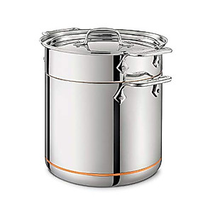 All-Clad Copper Core 5-Ply Stainless Steel Stockpot, Multi-Pot, Pasta Pot with Strainer 7 Quart Induction Oven Broiler Safe 600F Strainer, Pasta Strainer with Handle, Pots and Pans Silver