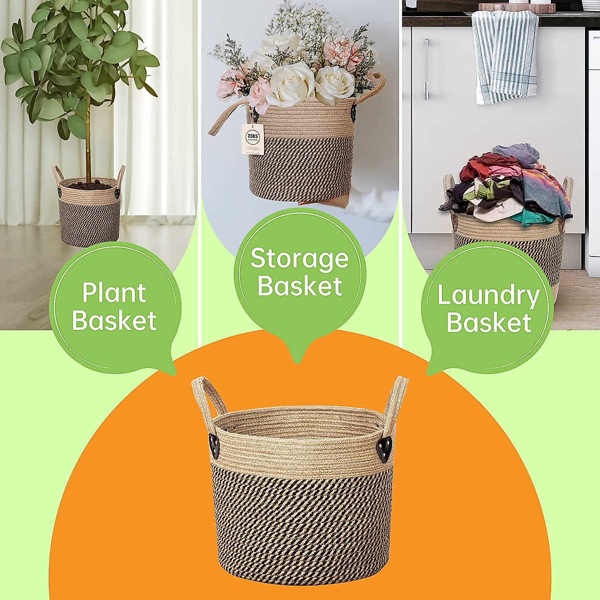 ZOES HOMEWARE 14"x12" Natural Jute Rope Woven Storage Basket with Handles for Plant, Blankets,Toys,Clothes,Shoes - Living Room Home Decor,Multifunctional Basket for Organizer,Picnic,Artificial Tree