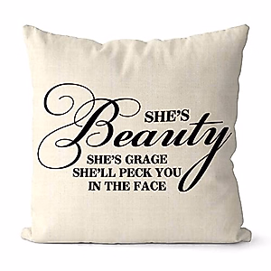 Farmhouse Pillow Covers 18x18 She's Beauty,She's Grage She'll Peck You in The Face Cotton Linen Throw Pillow Covers Decorative Home Decor Square She's Beauty Cushion Case for Couch