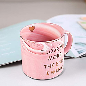 OEAGO Valentines Day Gifts for Her Him Women Mom Wife Girlfriend Funny Gifts Cups 12 oz Marble Pink Coffee Mugs Birthday Gifts Print I Love You More The End I Win