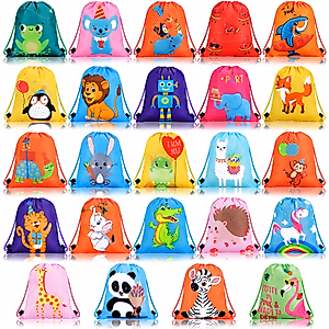 Shappy 24 Pack Drawstring Party Favors Bags Cartoon Animal Candy Goodie for Boys Birthday Kids Gift Return Girls Supplies