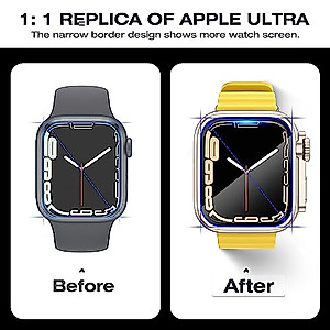 (2 in 1) Tensea for Waterproof Apple Watch Screen Protector Case Series 9 8 7 45mm【Apple Watch Ultra Style Case】, iWatch Protective Face Cover Look Like Ultra with Tempered Glass Film for Women Men