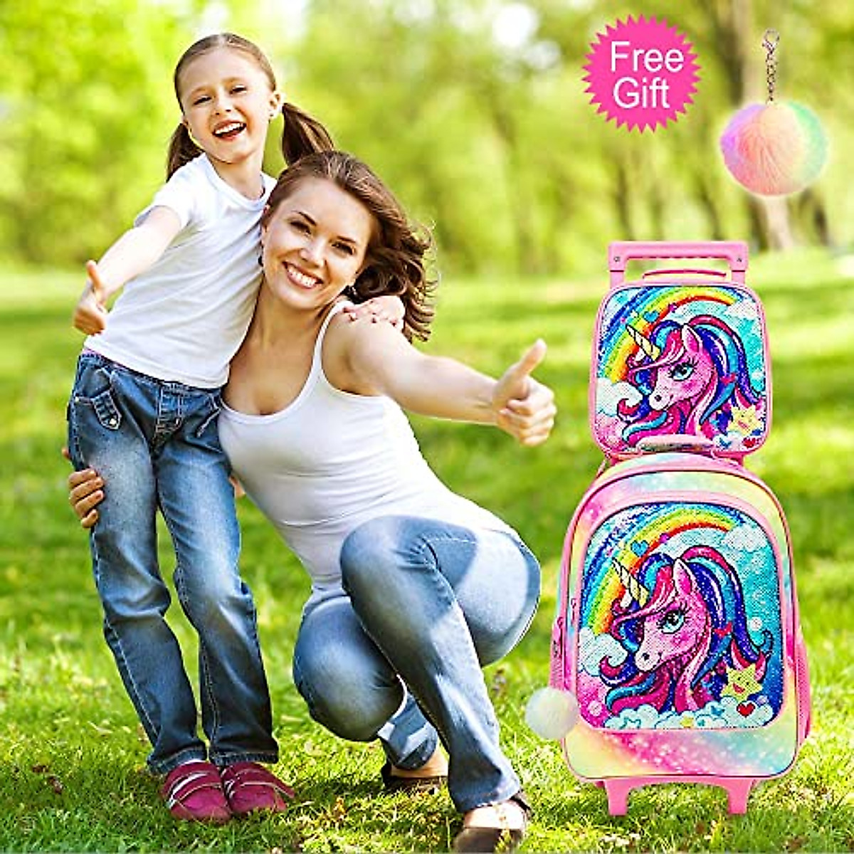FTJCF 3PCS Rolling Backpack for Girls, Kids Unicorn Roller Bookbag with Wheels, Wheeled School Bag Set for Elementary -Rainbow