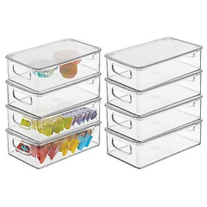 mDesign Plastic Pantry Storage Box Container with Lid and Built-In Handles - Organization for Flour, Cereal, Pasta, Rice, or Food in Kitchen Cupboard, Ligne Collection, 8 Pack, Clear/Clear