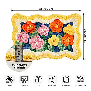 Aldopein Colorful Cute Flower Rug, Vibrant Fluffy Shaggy Boho Floral Bathroom Kitchen Rugs Mat Yellow/Orange/Pink, Non-Slip Washable 2x3 Small Aesthetic Bedroom Accent Rug Trendy Funky Throw Rug