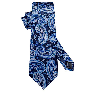 HISDERN Ties for Men Blue Paisley Ties for Men and Pocket Square Set Formal Navy Blue Mens Ties Handkerchiefs Satin Neckties for Wedding Party