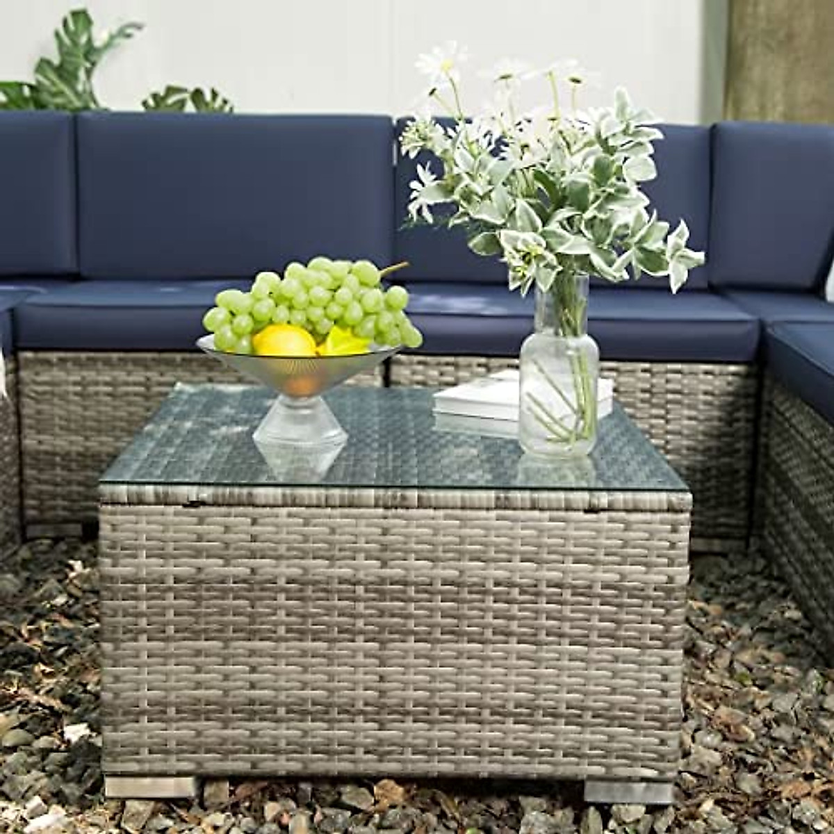 Devoko 7 Pieces Wicker Patio Furniture Set Rattan Outdoor Furniture Sectional Sofa Backyard Furniture Outdoor Couch with Updated Metal Feet (Blue)