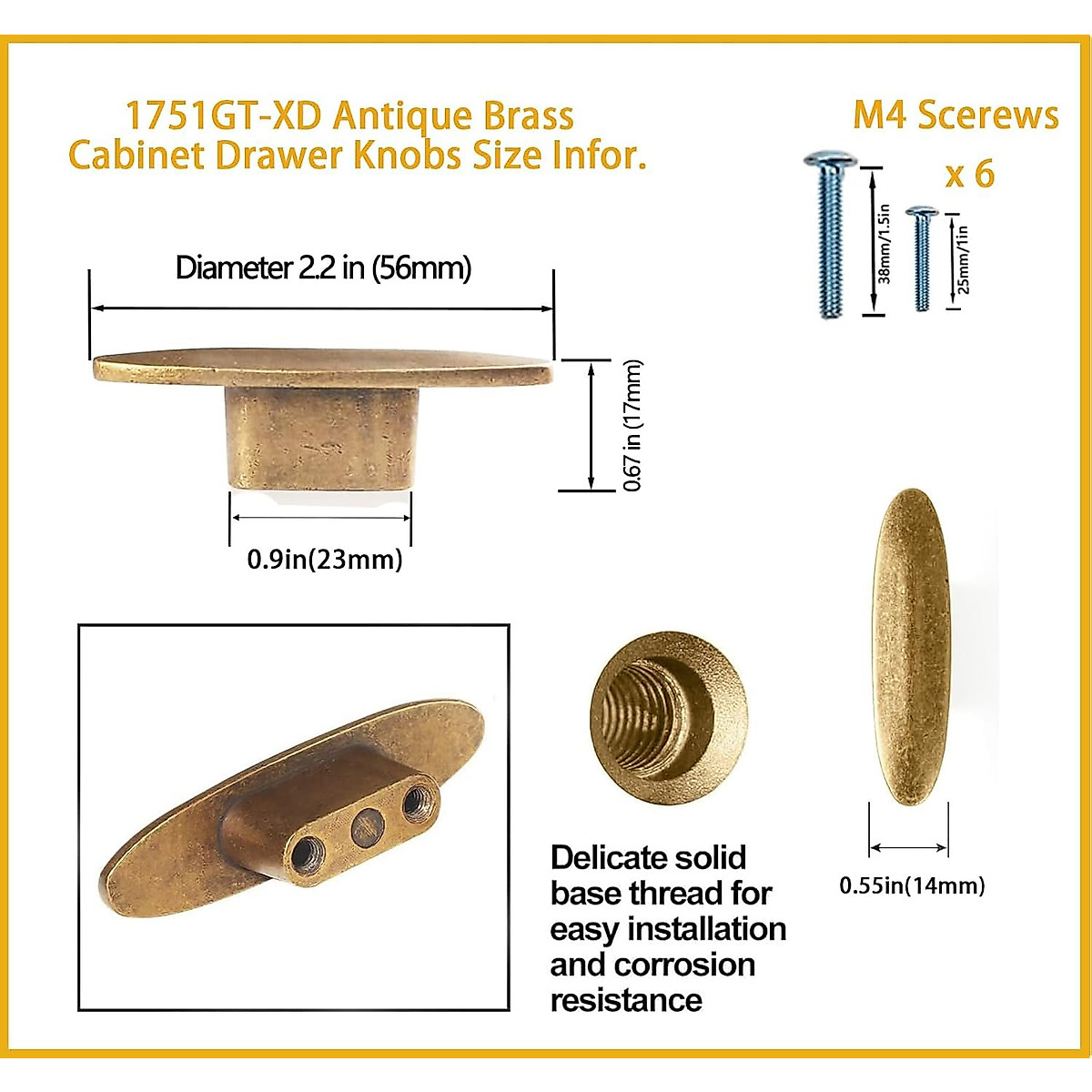 Goo-Ki 6 Pack Oval Antique Brass Drawer Knobs