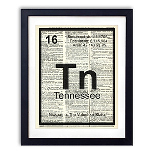 Tennessee Periodic Table, Vintage Dictionary Art Print, Home State Modern Contemporary Wall Art For Home Decor, Boho Art Print Poster, Country Farmhouse Wall Decor 8x10 Inches, Ready to Frame