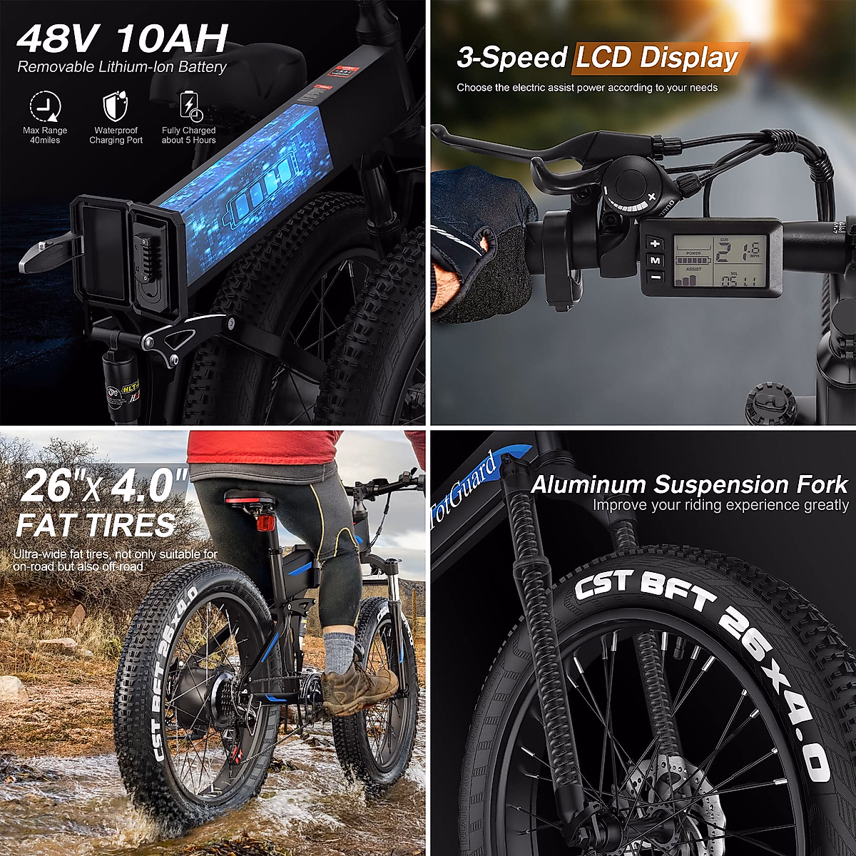 TotGuard Electric Bike, 26" x4.0 Fat Tire Electric Bike with 975W Peak Motor, 48V 10.4Ah Removable Battery, Foldable Ebike, 21.6MPH Electric Mountain Bike, Dual Shock Absorbers, 21 Speed
