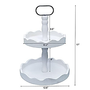 White Wood Two-Tier Tray with Metal Handle, Rustic Decorative Two Tiered Stand，Farmhouse 2 Tier Serving Tray for Kitchen Counter, Coffee Bar, Dining Room Table