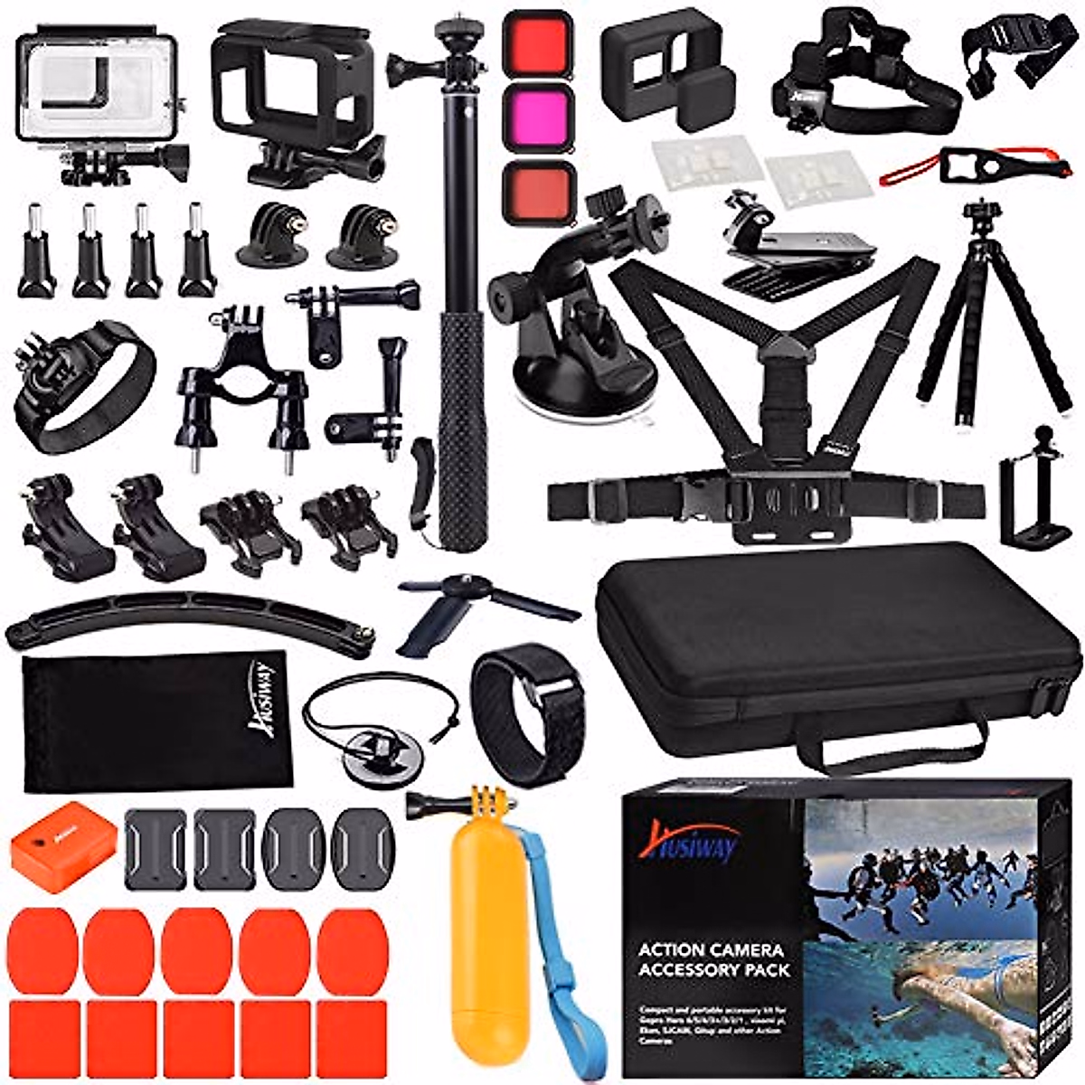 Husiway 68-in-1 Accessory Kit for GoPro Hero 7 6 5 Black GoPro7 Action Camera Filter Frame Waterproof Housing Case Bundle 60A