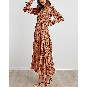 BTFBM Women Casual Long Sleeve Crew Neck Fall Dress Bohemian Relaxed Fit Floral Flowy Maxi Dresses Tiered Cocktail Dress（Floral Brown, Small
