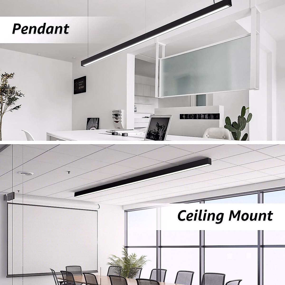 SCON 4FT 40W LED Black Anti-Glare Linkable Pendant Light,2400LM UGR<22 0-10V Dimmable Linear Surface Mount Shop Light,3000K-4000K-5000K Switchable Ceiling Mount Office Light,Hanging Light For Workshop