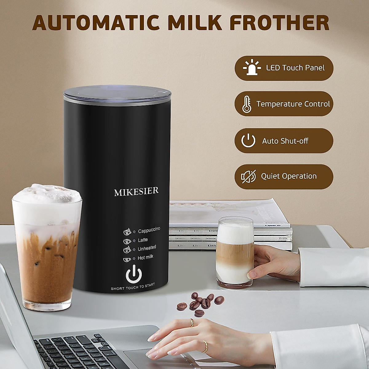 Milk Frother, 4 in 1 Electric Milk Frother and Steamer, Stainless Steel Automatic Hot and Cold Foam Maker with Temperature Control for Coffee, Latte, Hot Chocolate, Cappuccinos, Macchiato, Black