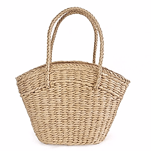 QTKJ Straw bags, Hand-woven Women Summer Retro Straw Tote Bag Pure Colour Straw Beach Shoulder Bag (Khaki)