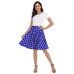 HDE Skirts for Women - Midi Skirt Skater Skirt Knee Length High Waist Fun Prints Blue & White Stars - XL