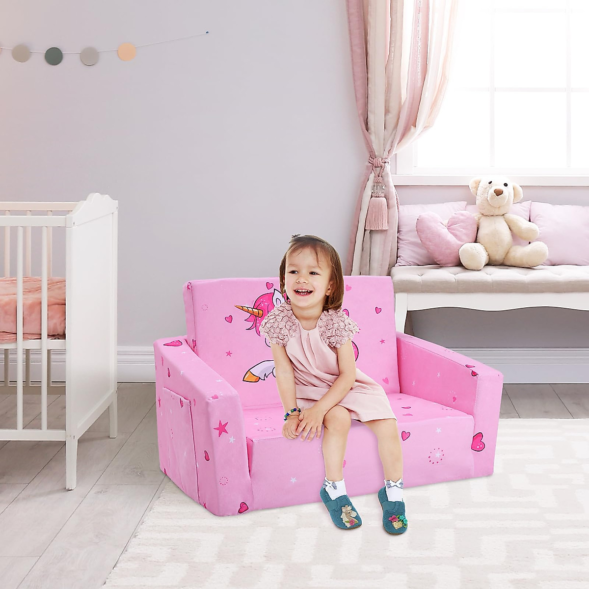 decalsweet Kids Couch Foldable Kids Sofa 2 in 1 Children Convertible Sofas to Lounger Fold Out Toddlers Sofa Bed for Playroom Bedroom Living Rooms Boys and Girls