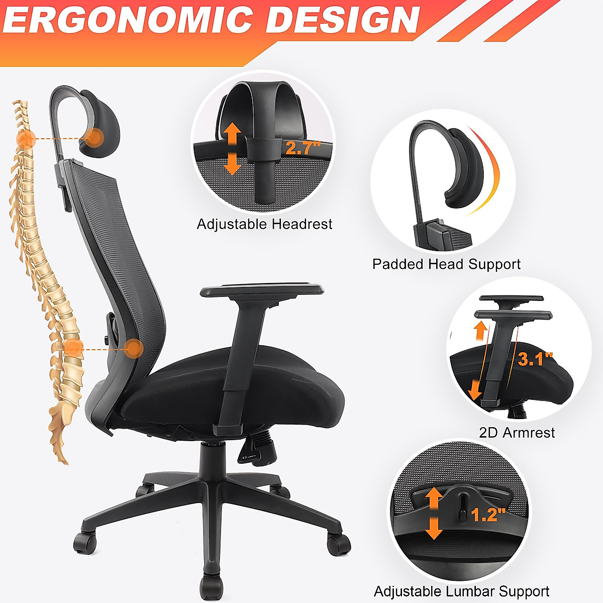 Ergonomic Office Chair for Big and Tall People Computer Desk Chair with Adjustable Headrest, Lumbar Support and Armrests, Mesh Rolling Chair for Study and Work, Heavy Duty 400lb, Black