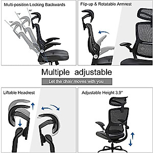 Office Chair Ergonomic Desk Chair - PU Leather Cushion Mesh High Back with Lumbar Support Computer Chair, Adjustable Flip Up Arms, Home Office Desk Chair