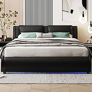 Anwickhomk Full Size Faux Leather Upholstered Platform Bed,Modern Wave Like led Bed Frame with LED Light/Headboard/Wood Slatted Supports,No Box Spring Needed (Black)
