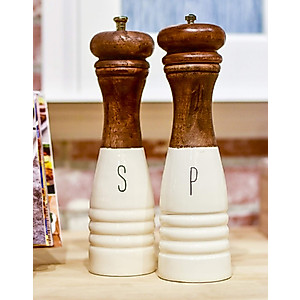 Mud Pie Farmhouse Wood and Enamel Mills Salt and Pepper Set, 10 1/2" x 3" dia, White, Brown